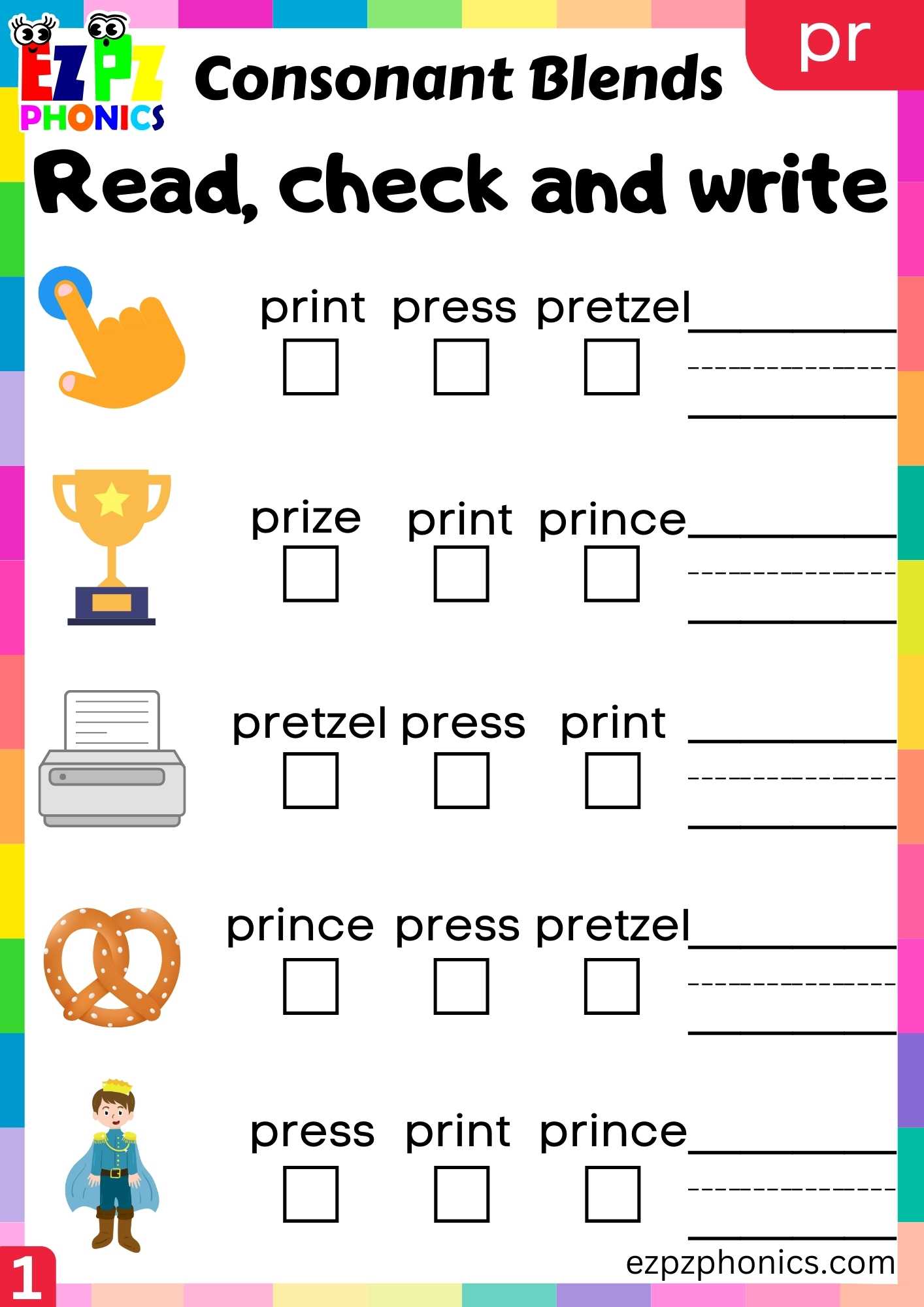 Group1 PR Words Read, Check And Write Phonics Consonant Blends Worksheet - ezpzphonics.com